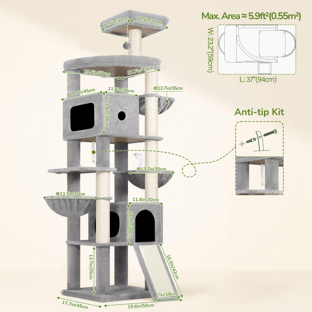 F83C Cat Tree For Indoor Cats Large Adult(Light Grey,83-inch) - Cat ...